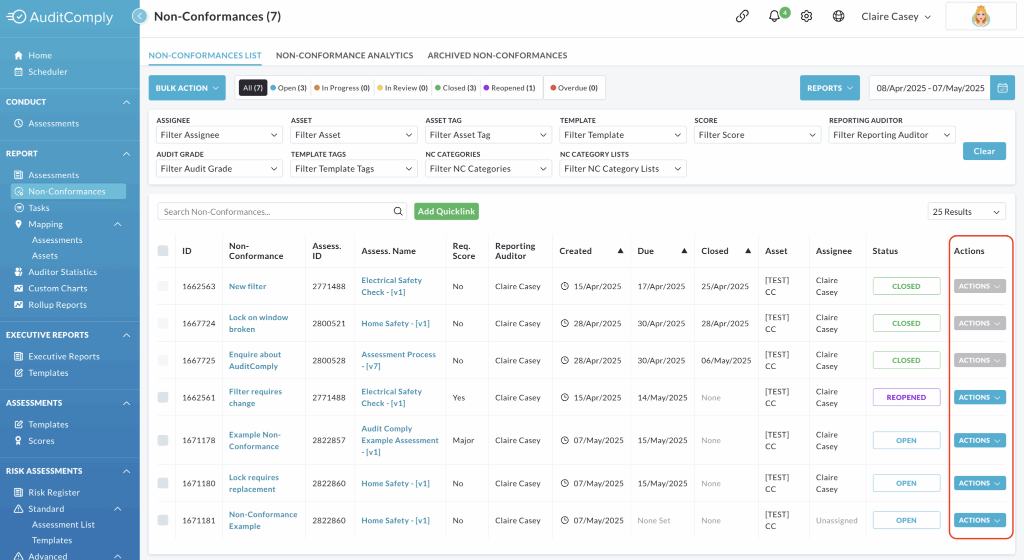 Non-Conformance List: Actions – AuditComply Help Center